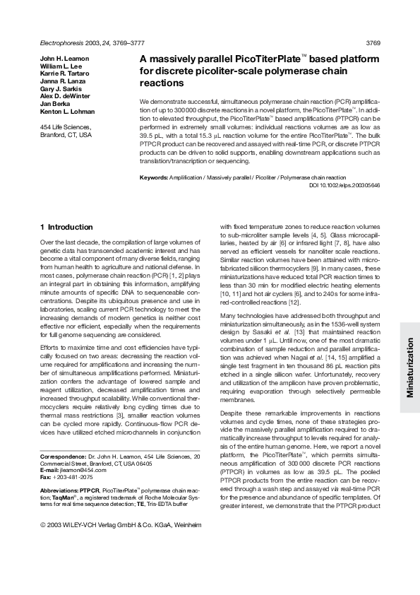 (PDF) A massively parallel PicoTiterPlate™ based platform for discrete ...