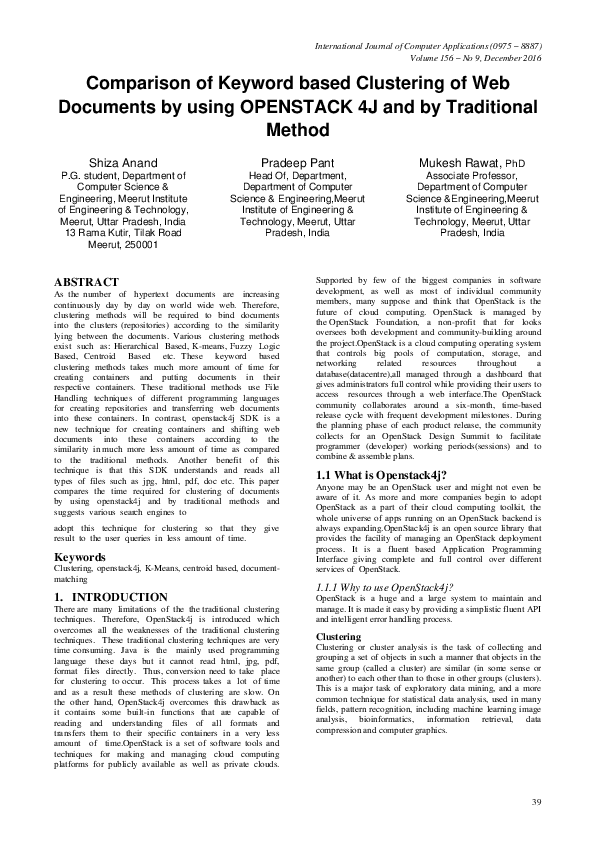 (PDF) Comparison of Keyword based Clustering of Web Documents by using OPENSTACK 4J and by ...