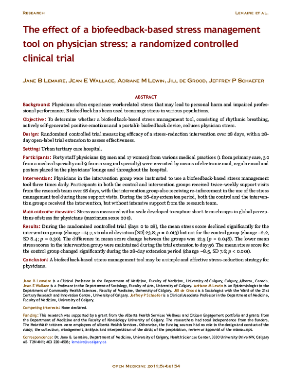 (PDF) The effect of a biofeedback-based stress management tool on ...