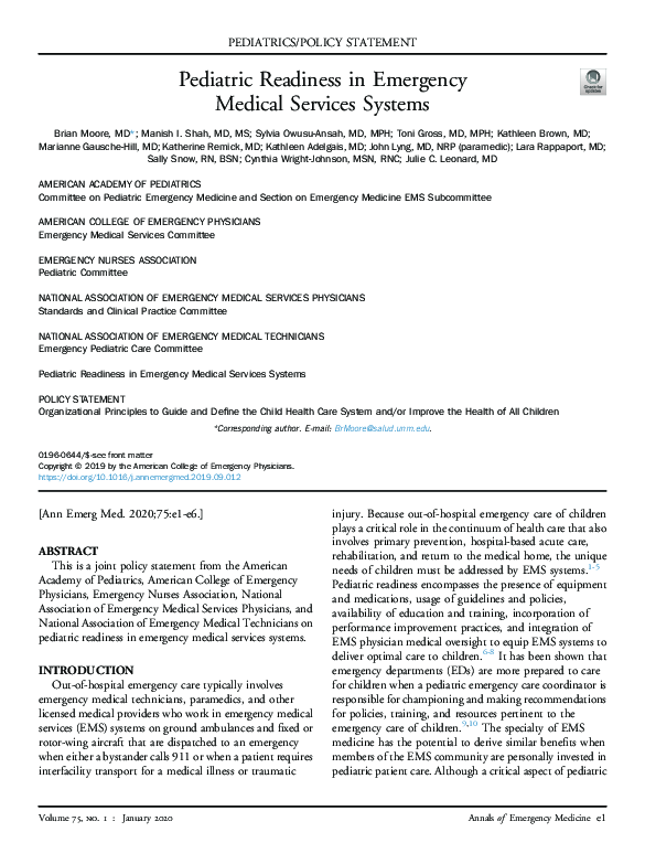 (PDF) Pediatric Readiness in Emergency Medical Services Systems
