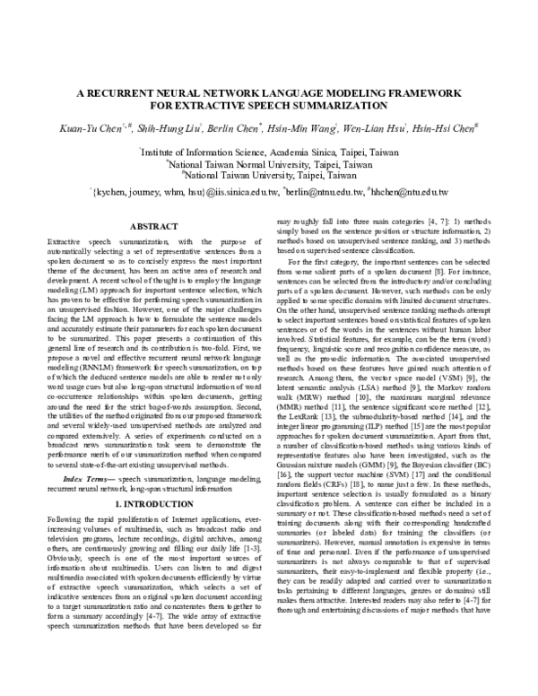 Pdf A Recurrent Neural Network Language Modeling Framework For Extractive Speech Summarization