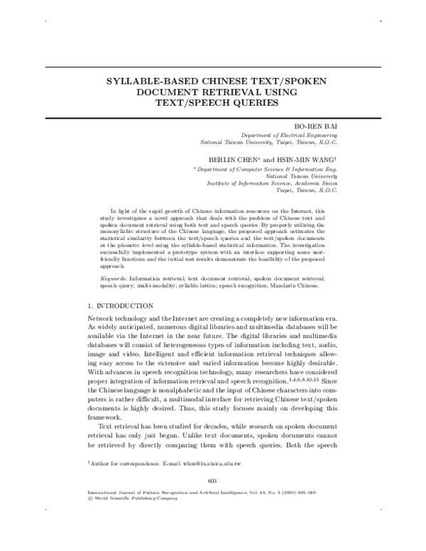 (PDF) Syllable-Based Chinese Text/Spoken Document Retrieval Using Text/Speech Queries