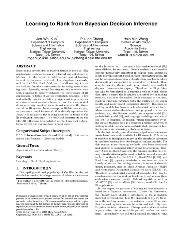 (PDF) Learning to rank from Bayesian decision inference