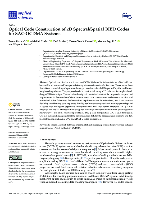 (PDF) Optical Code Construction of 2D Spectral/Spatial BIBD Codes for SAC-OCDMA Systems