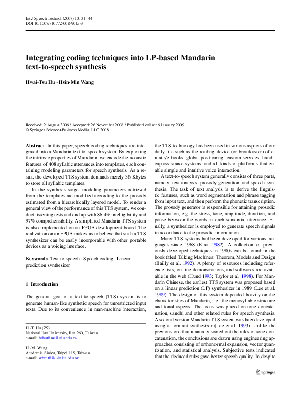 Pdf Integrating Coding Techniques Into Lp Based Mandarin Text To