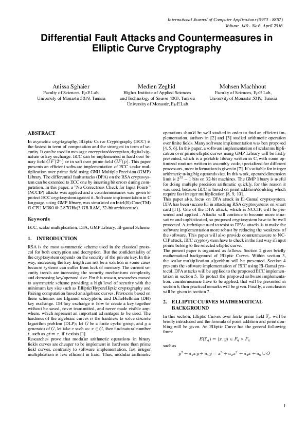 (PDF) Differential Fault Attacks and Countermeasures in Elliptic Curve Cryptography