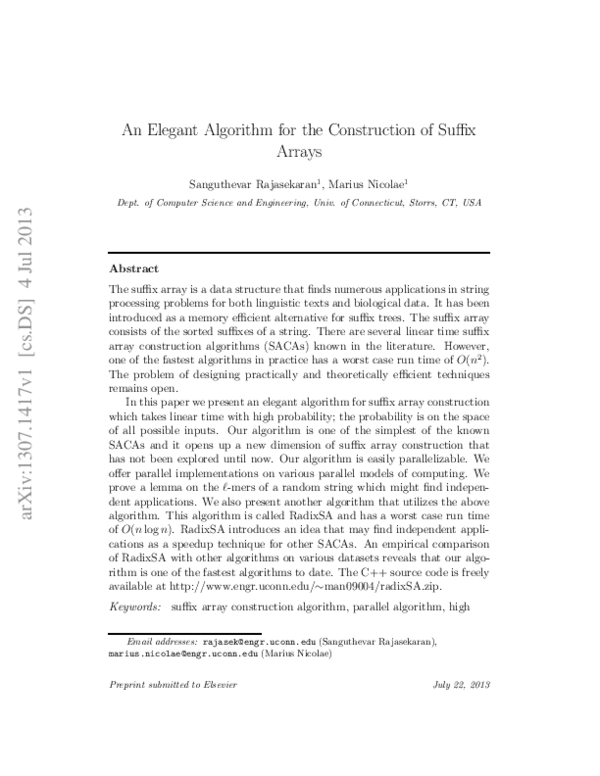 (PDF) An elegant algorithm for the construction of suffix arrays | Sanguthevar Rajasekaran ...