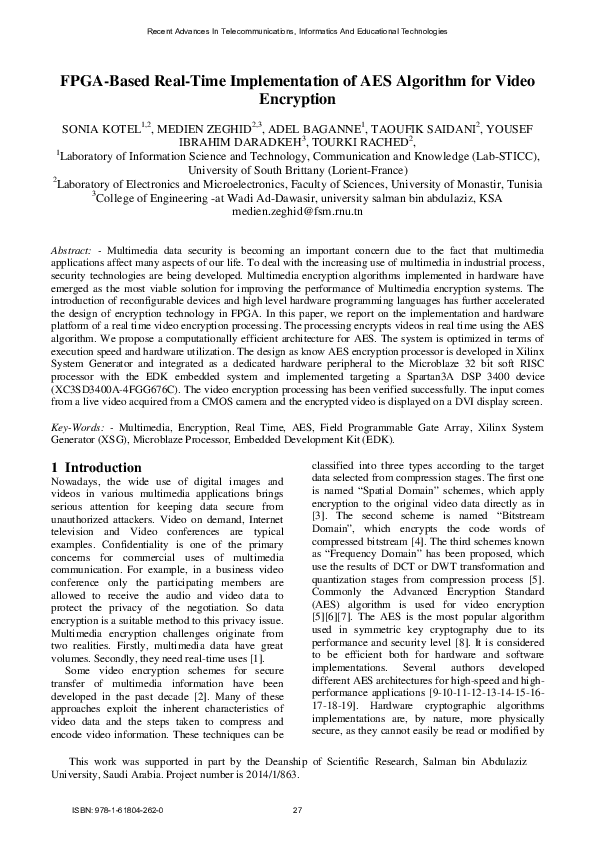 Pdf Fpga Based Real Time Implementation Of Aes Algorithm For Video