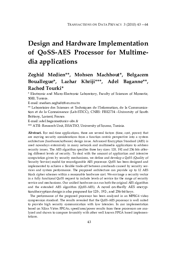 (PDF) Design and Hardware Implementation of QoSS-AES Processor for Multimedia applications