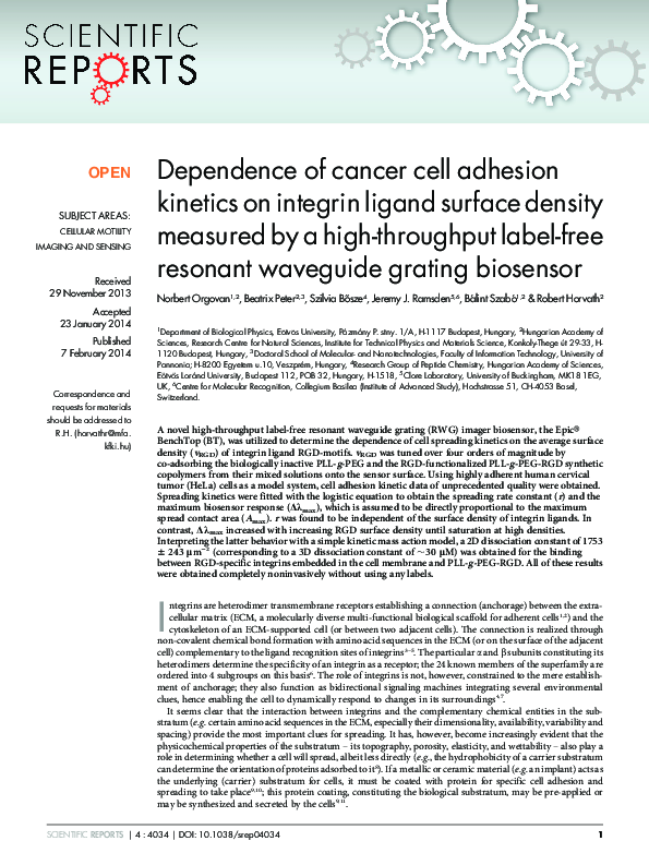 (PDF) Dependence of cancer cell adhesion kinetics on integrin ligand ...