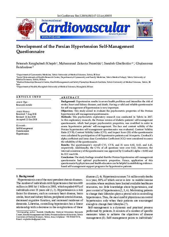(PDF) Development of the Persian Hypertension Self-Management Questionnaire