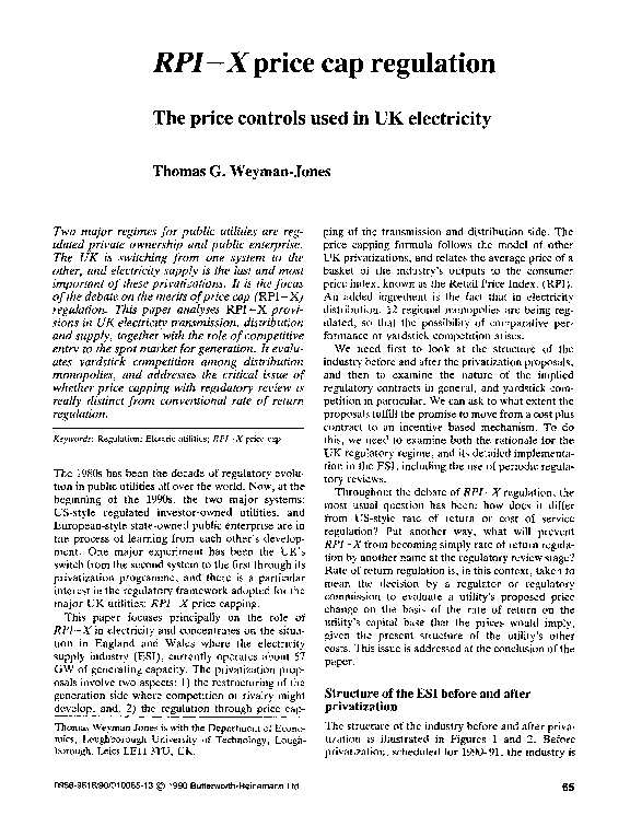 (PDF) RPI—X price cap regulation | Thomas Weyman-jones - Academia.edu