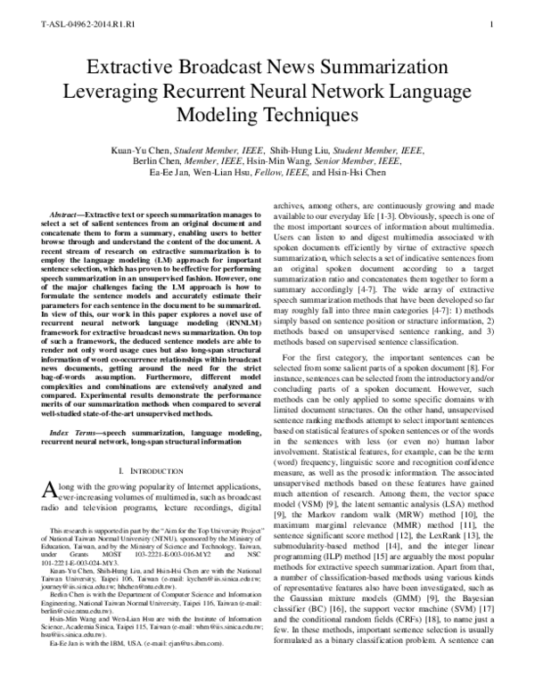 Pdf Extractive Broadcast News Summarization Leveraging Recurrent Neural Network Language