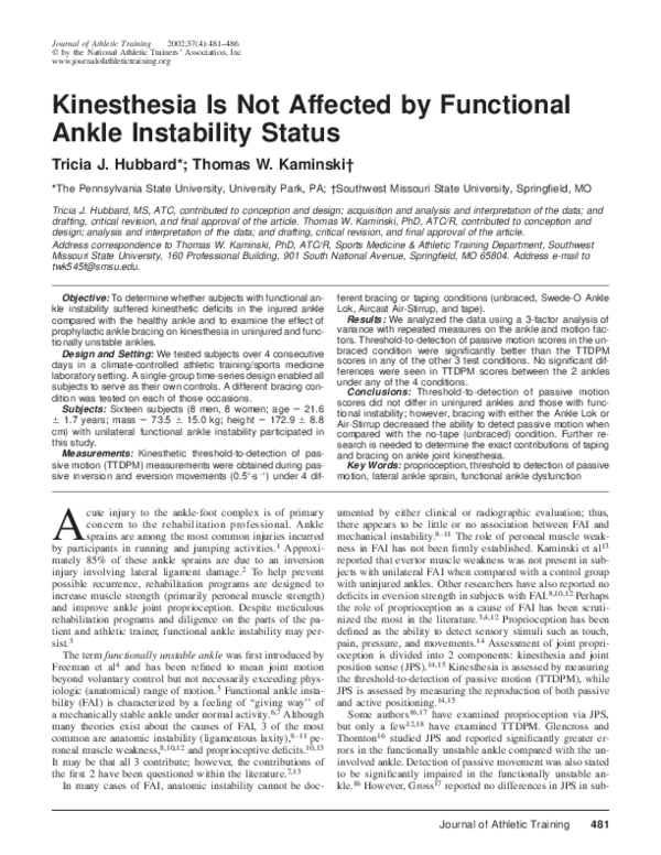 (PDF) Kinesthesia Is Not Affected by Functional Ankle Instability Status