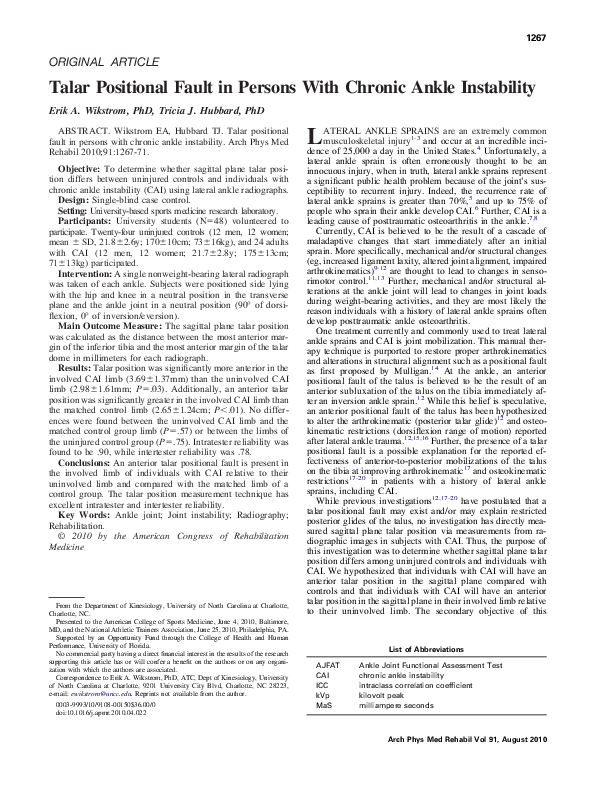 (PDF) Talar Positional Fault in Persons With Chronic Ankle Instability