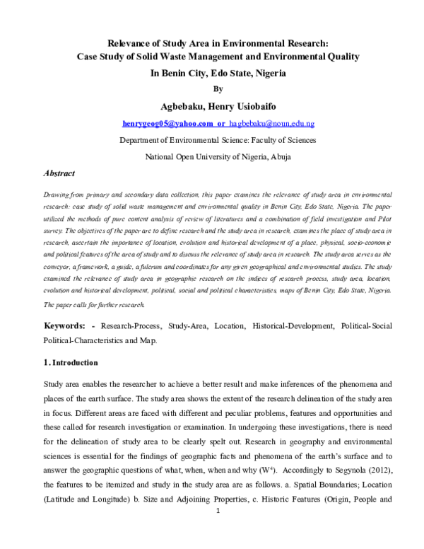 (DOC) Relevance of Study Area in Environmental Research: Case Study of ...