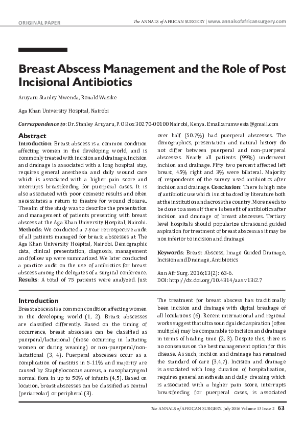 (PDF) Breast Abscess Management and the Role of Post Incisional Antibiotics