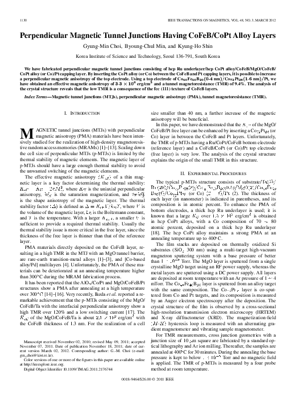 (PDF) Perpendicular Magnetic Tunnel Junctions Having CoFeB/CoPt Alloy ...