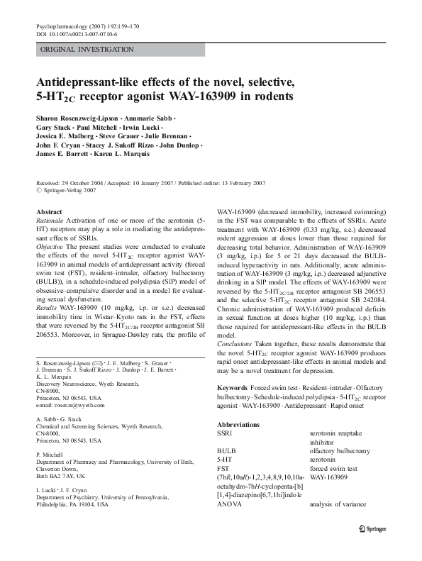 (PDF) Antidepressant-like effects of the novel, selective, 5-HT 2C ...