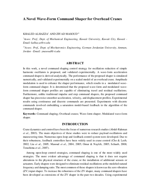(PDF) A Novel Wave-Form Command Shaper for Overhead Cranes