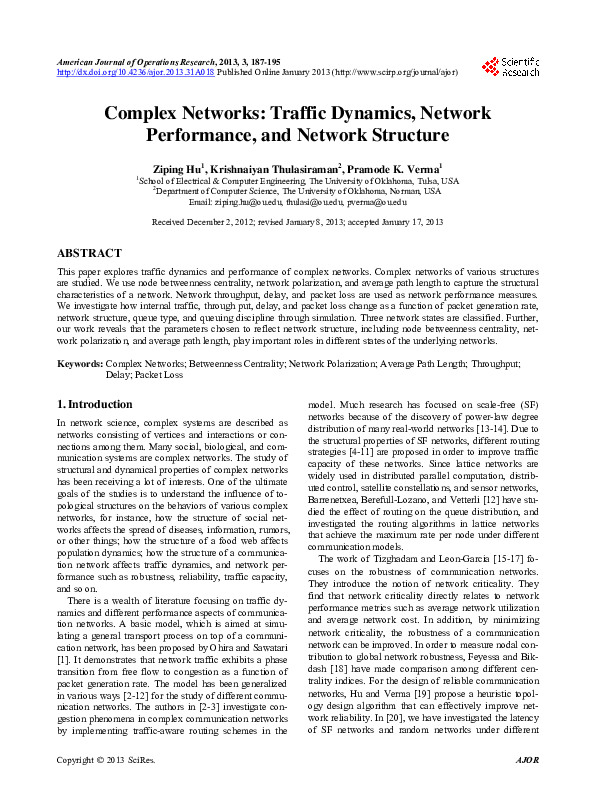 (PDF) Complex Networks: Traffic Dynamics, Network Performance, and ...