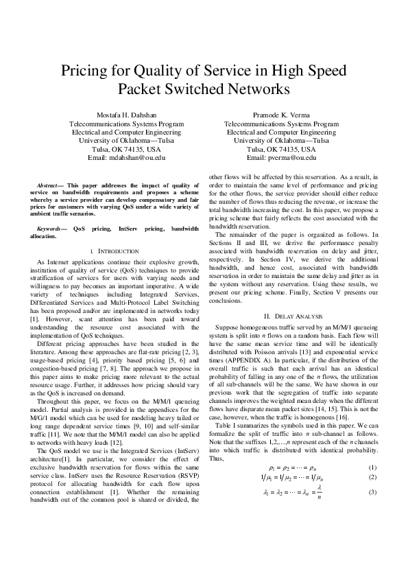 (PDF) Pricing for quality of service in high speed packet switched networks