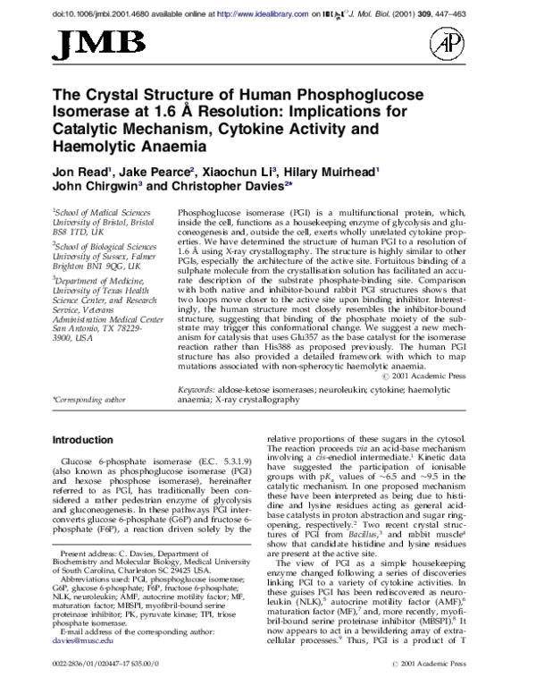 (PDF) The crystal structure of human phosphoglucose isomerase at 1.6 Å ...