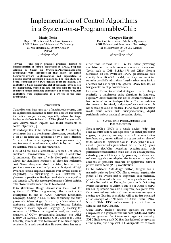 Pdf Implementation Of Control Algorithms In A System On A Programmable Chip