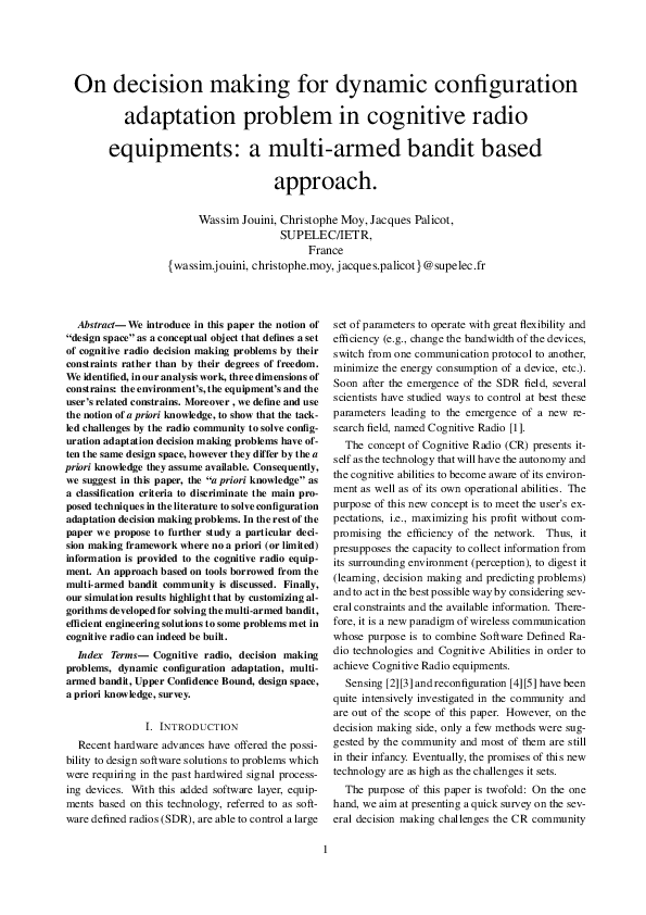 (PDF) On decision making for dynamic configuration adaptation problem in cognitive radio ...