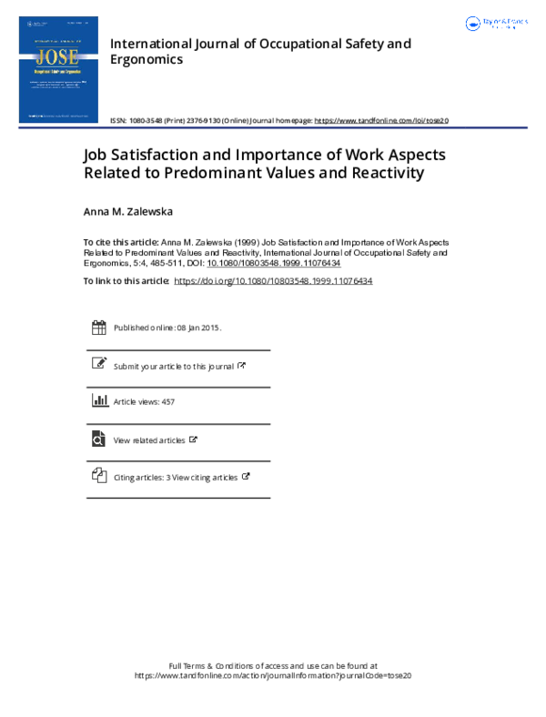 (PDF) Job Satisfaction and Importance of Work Aspects Related to ...