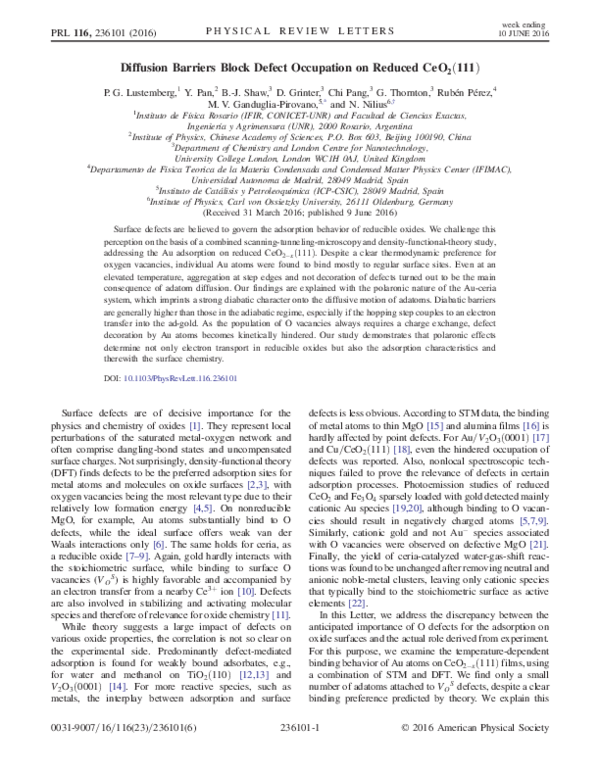 (PDF) Diffusion Barriers Block Defect Occupation on ReducedCeO2(111)
