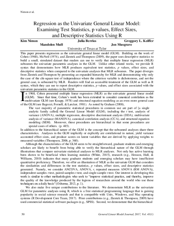 Pdf Regression As The Univariate General Linear Model Examining Test
