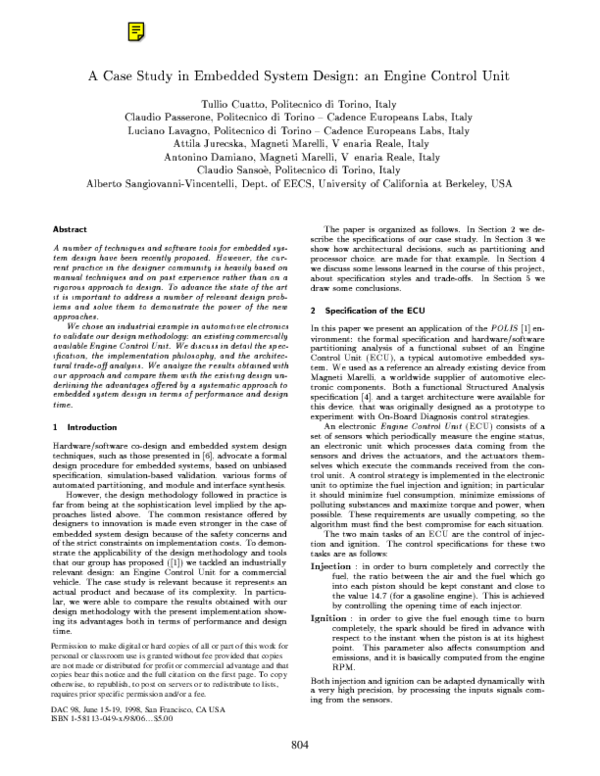 (PDF) A case study in embedded system design: an engine control unit