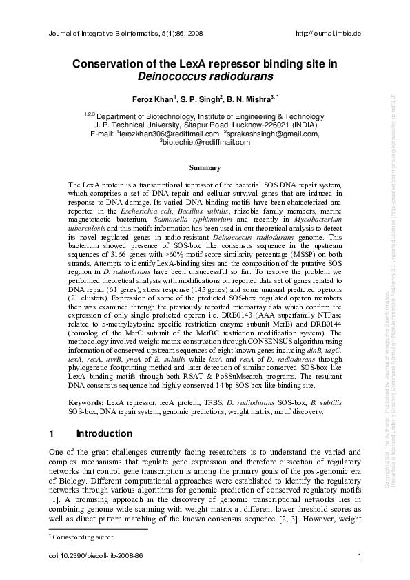 (PDF) Conservation of the LexA repressor binding site in Deinococcus ...