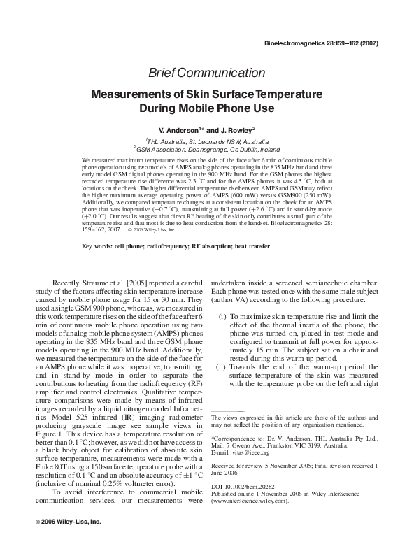 (PDF) Measurements of skin surface temperature during mobile phone use