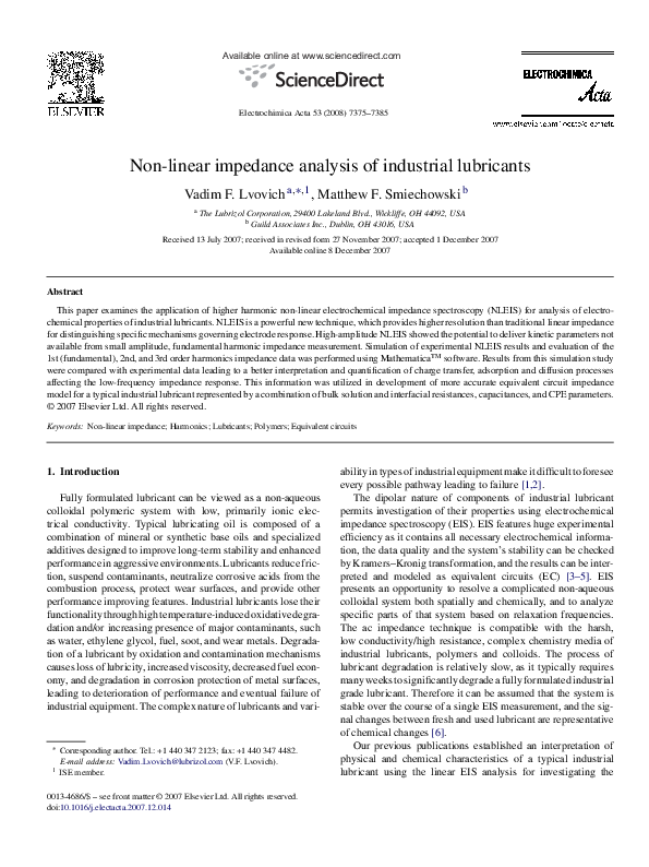 (PDF) Non-linear impedance analysis of industrial lubricants
