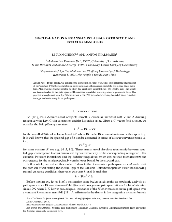 (PDF) Spectral gap on Riemannian path space over static and evolving manifolds
