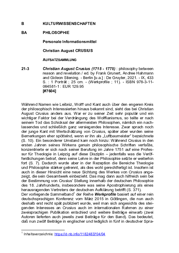 (PDF) IFB-Rezension Christian August Crusius (1715 - 1775) : philosophy ...