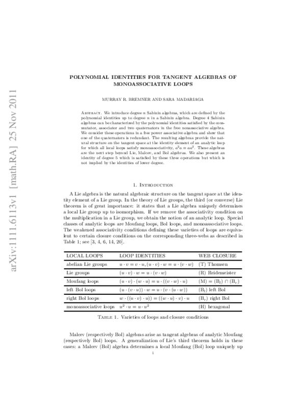 (PDF) Polynomial Identities for Tangent Algebras of Monoassociative Loops