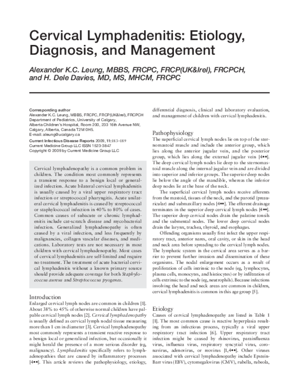 (PDF) Cervical lymphadenitis: Etiology, diagnosis, and management