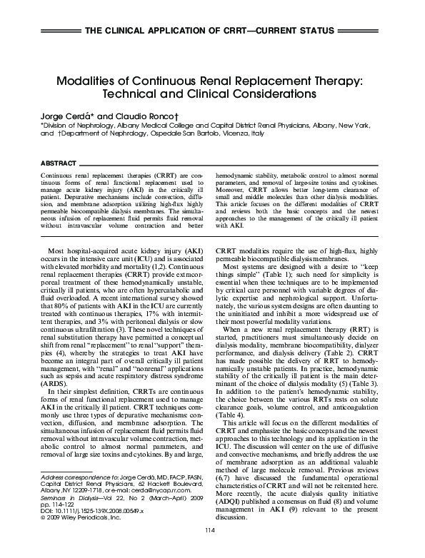 (PDF) Modalities of Continuous Renal Replacement Therapy: Technical and ...