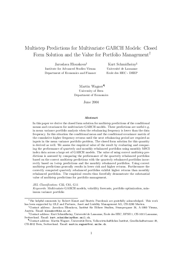 (PDF) Multistep predictions for multivariate GARCH models: Closed form solution and the value ...