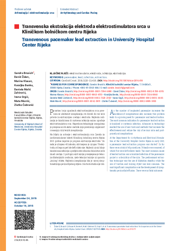 (PDF) Transvenous pacemaker lead extraction in University Hospital ...