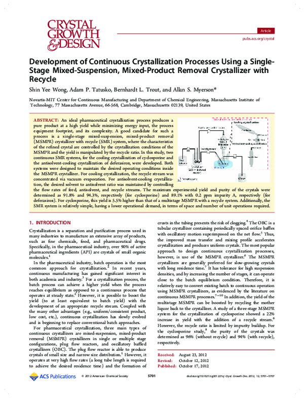 (PDF) Development of Continuous Crystallization Processes Using a Single-Stage Mixed-Suspension ...