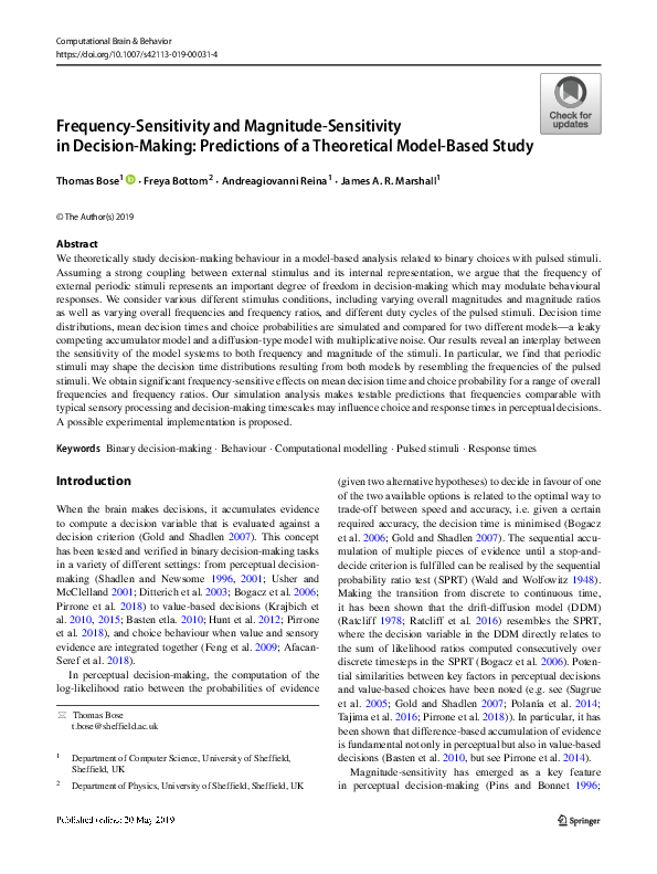 (PDF) Frequency-Sensitivity and Magnitude-Sensitivity in Decision-Making: Predictions of a ...