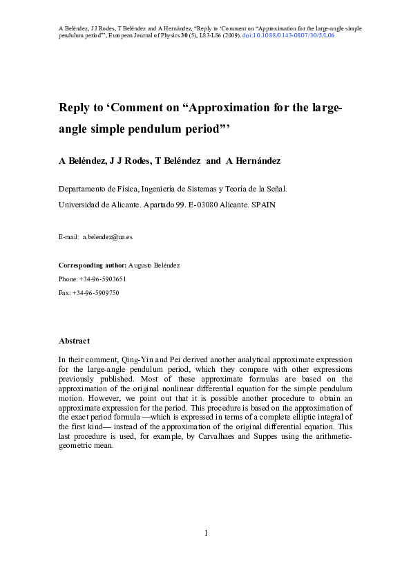 (PDF) Reply to ‘Comment on “Approximation for the large-angle simple ...