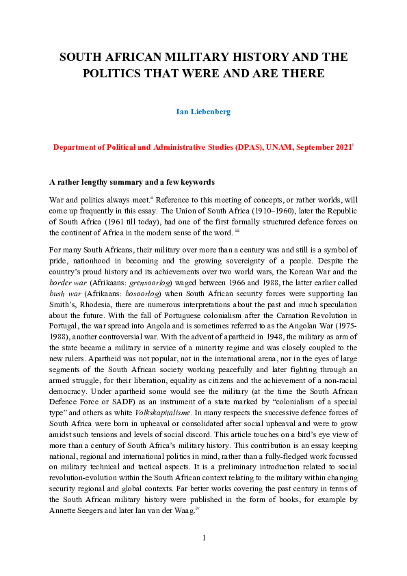 (DOC) SOUTH AFRICAN MILITARY HISTORY AND THE POLITICS THAT WERE AND ARE ...