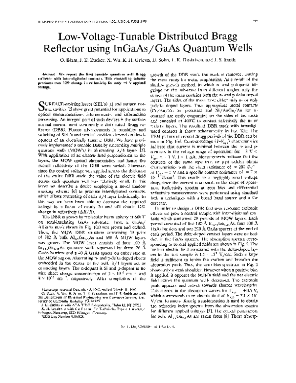 (PDF) Low-voltage-tunable distributed Bragg reflector using InGaAs/GaAs quantum wells