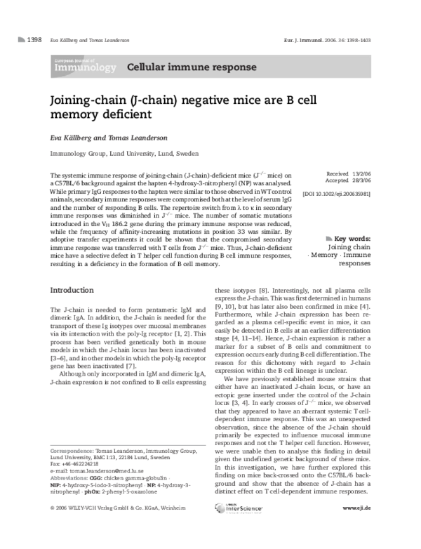(PDF) Joining-chain (J-chain) negative mice are B cell memory deficient