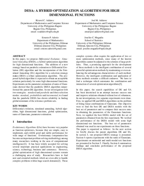 (PDF) DESA: A hybrid optimization algorithm for high dimensional functions | Joselito Magadia ...